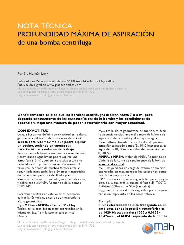 Profundidad Máxima de Aspiración en Bombas | PDF | Bomba | Ingeniería ...