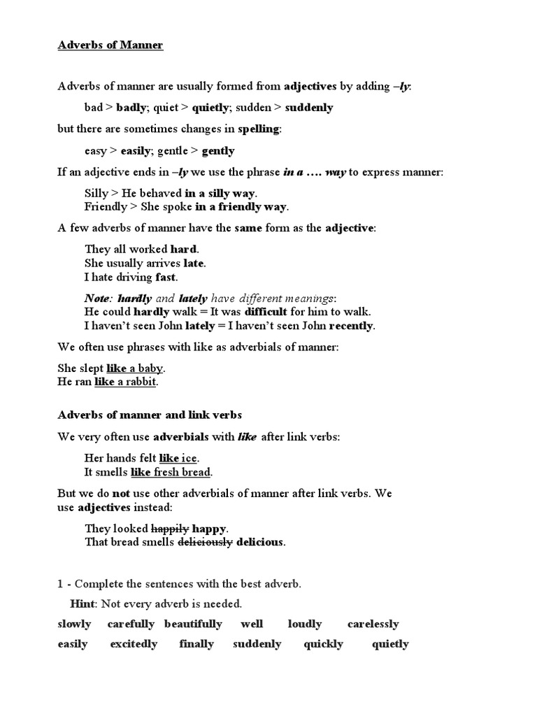 Adverbs of Manner: 1 - Complete The Sentences With The Best Adverb | PDF | Adverb | Semantic Units