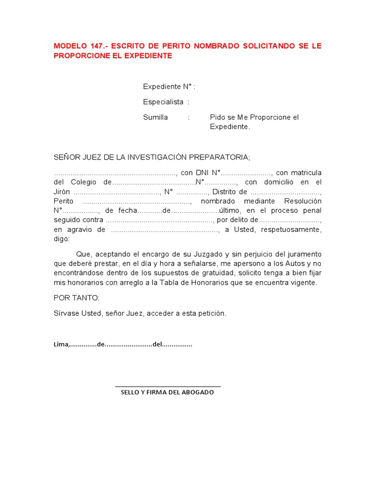 Modelo 147. - Escrito de Perito Nombrado Solicitando Se Le Proporcione ...