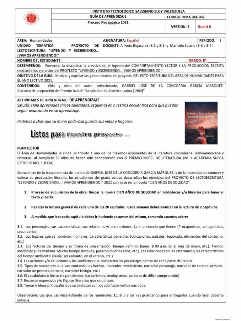Guía No.06 Español Octavo Plan Lector Inicial | PDF