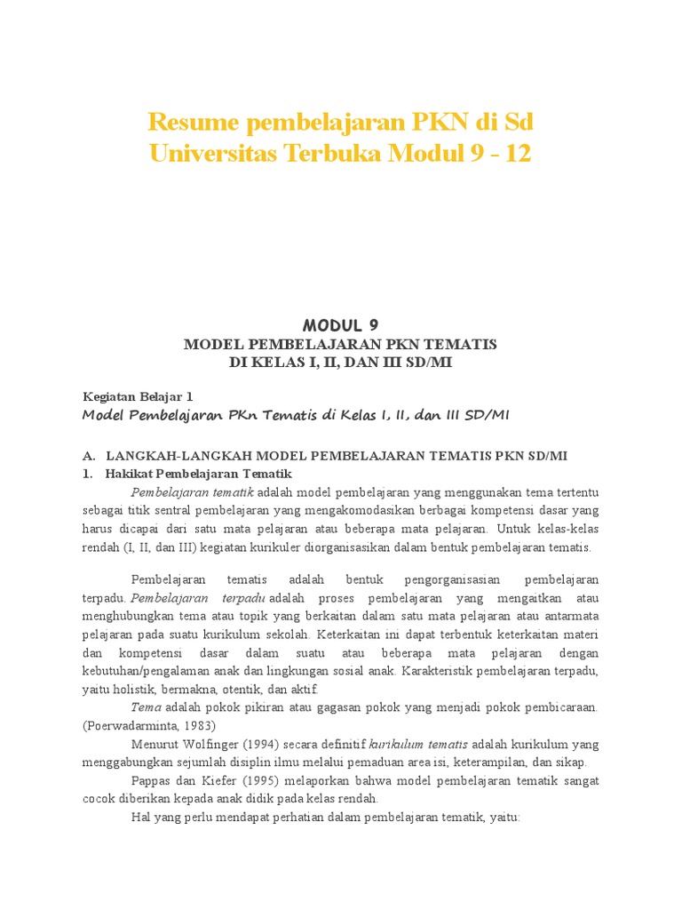 Resume Pembelajaran PKN Di SD Modul 9-12 | PDF | Sains & Matematika