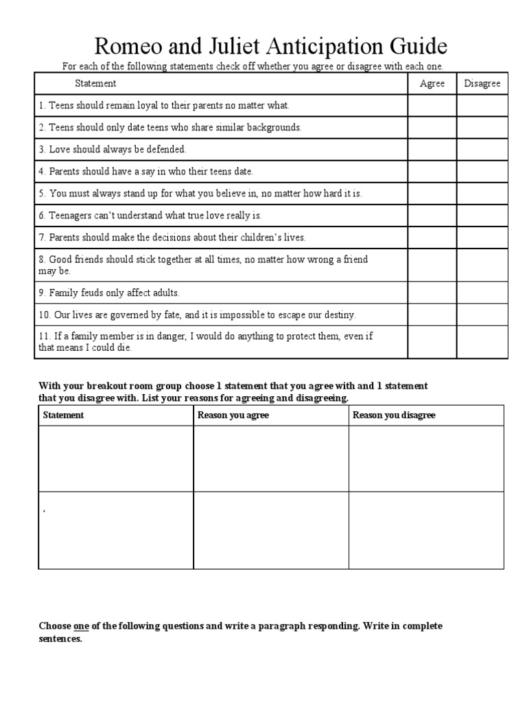Romeo and Juliet Anticipation Guide | PDF