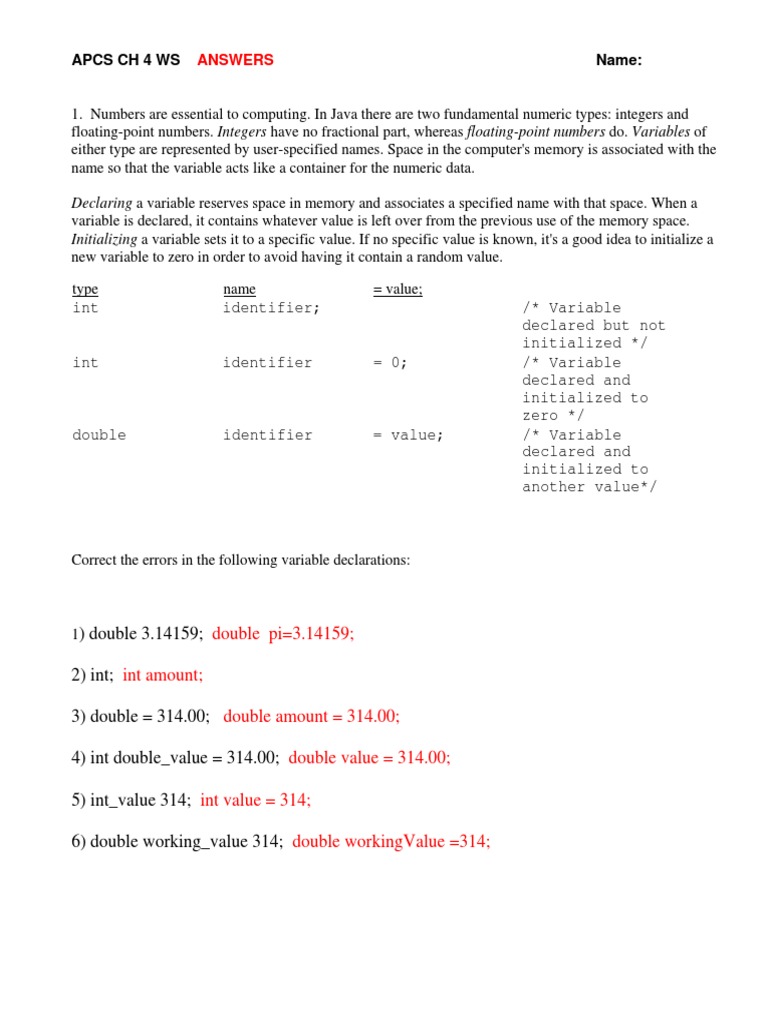 APCS CH 4 WS Answers | PDF | Integer (Computer Science) | String ...