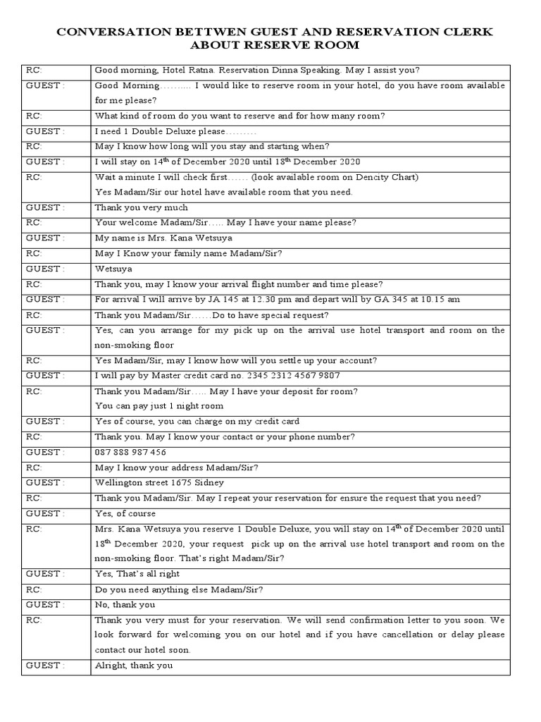 Conversation Bettwen Guest and Reservation Clerk About Reserve Room ...