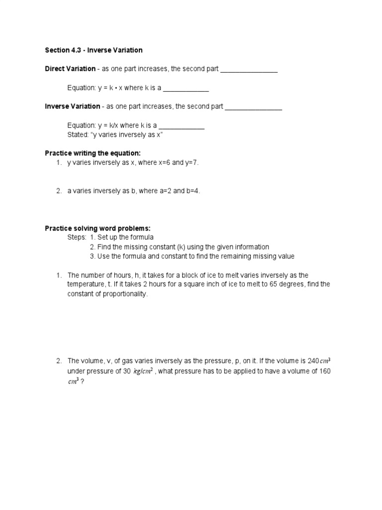 Inverse Variation Notes | PDF