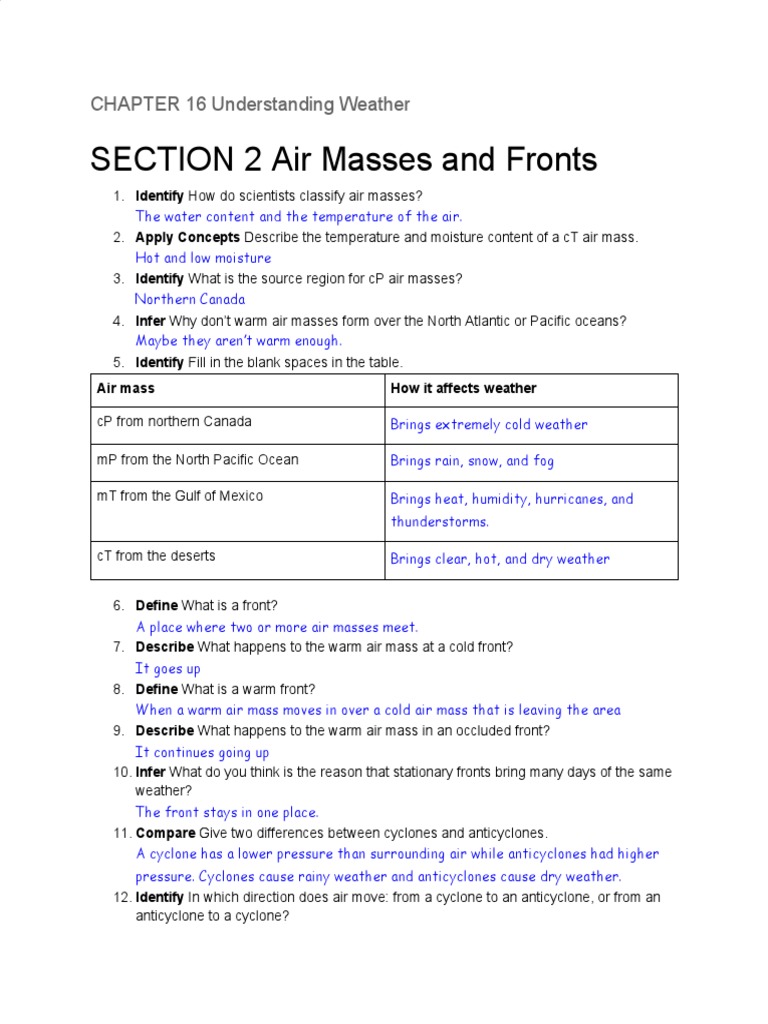 SECTION 2 Air Masses and Fronts: CHAPTER 16 Understanding Weather | PDF ...