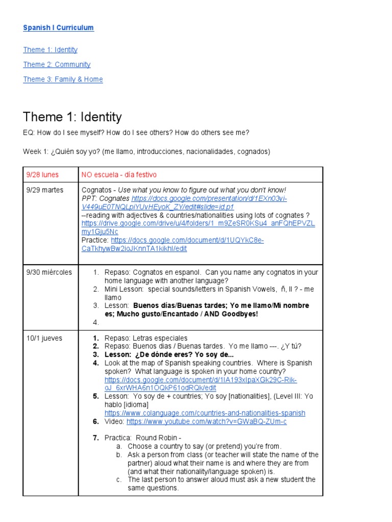 Spanish I Curriculum Map | PDF | Grammatical Number | Linguistic Typology