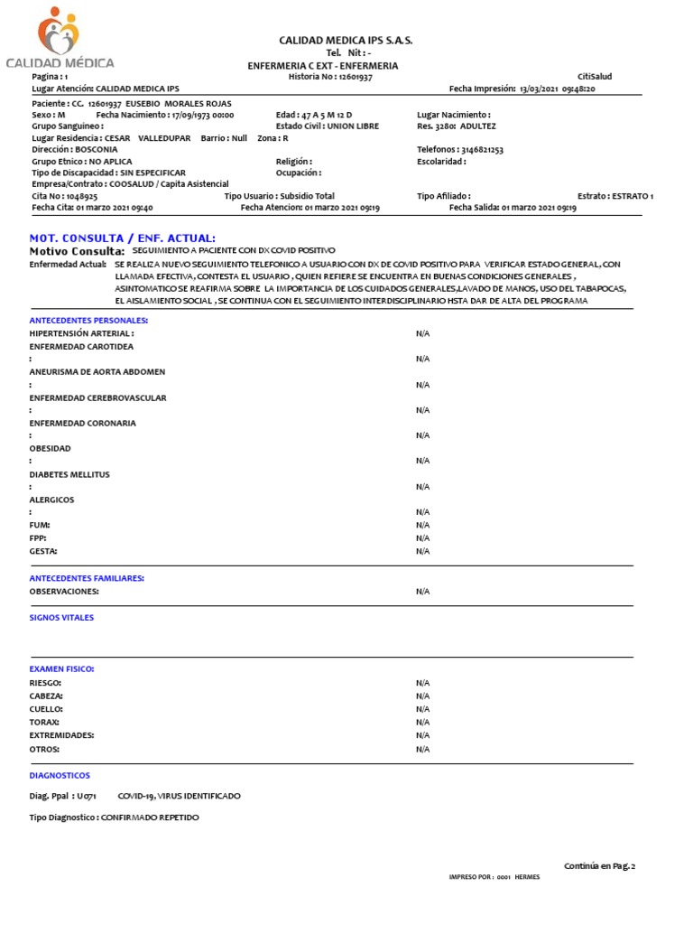 Calidad Medica Ips S.A.S.: Tel. Nit: - Enfermeria C Ext - Enfermeria ...