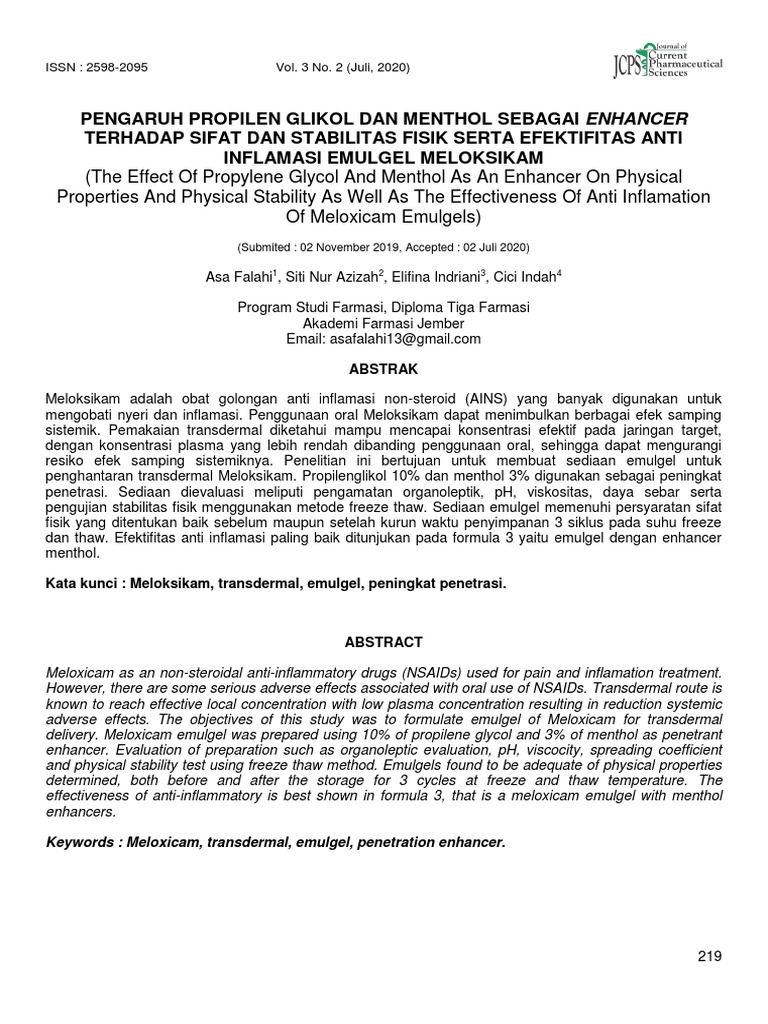 Pengaruh Propilen Glikol Dan Menthol Sebagai Enhancer Terhadap Sifat Dan Stabilitas Fisik Serta ...