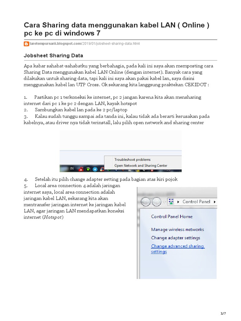 Cara Sharing Data Menggunakan Kabel LAN Online PC Ke PC Di Windows 7 | PDF