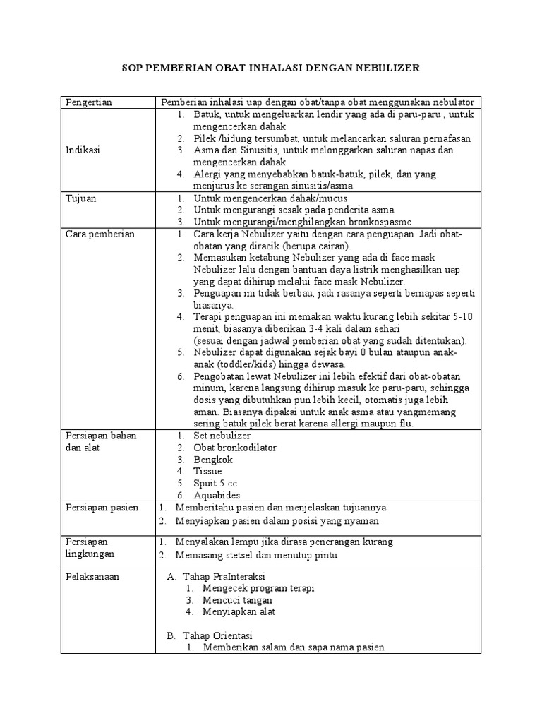 Sop Pemberian Obat Inhalasi Dengan Nebulizer | PDF