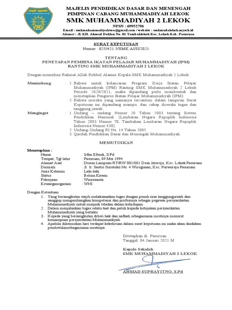 Surat Keputusan Pembina IPM Ranting | PDF