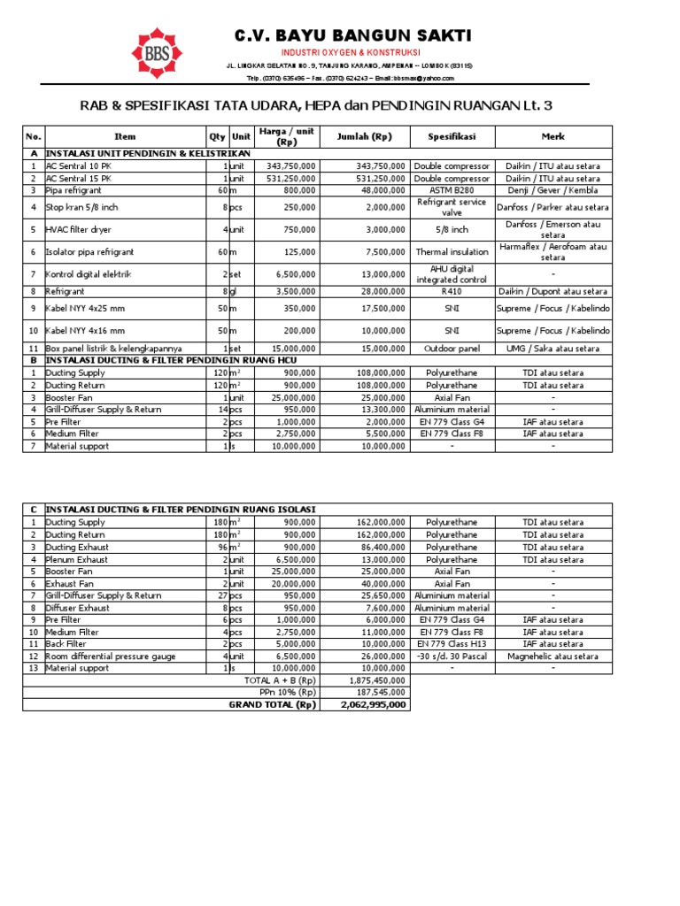 RAB & Spek Tata Udara-HEPA-Pendingin Ruangan Lt. 3 | PDF
