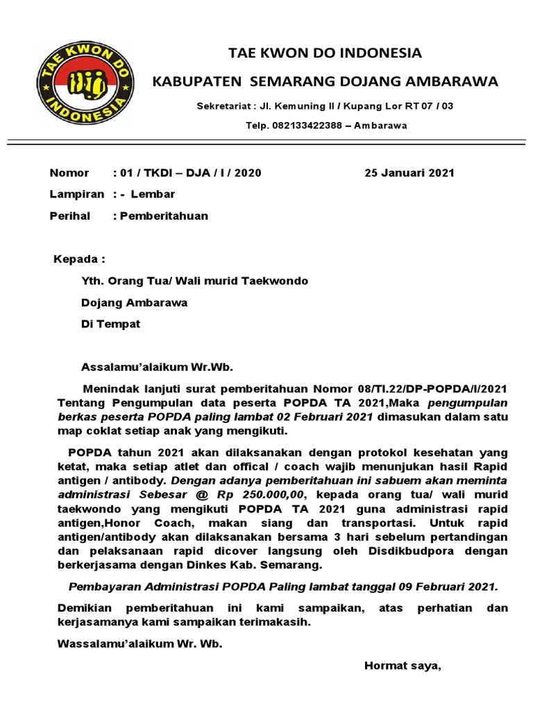 "Pemberitahuan Persiapan Pelaksanaan POPDA Taekwondo 2021" | PDF