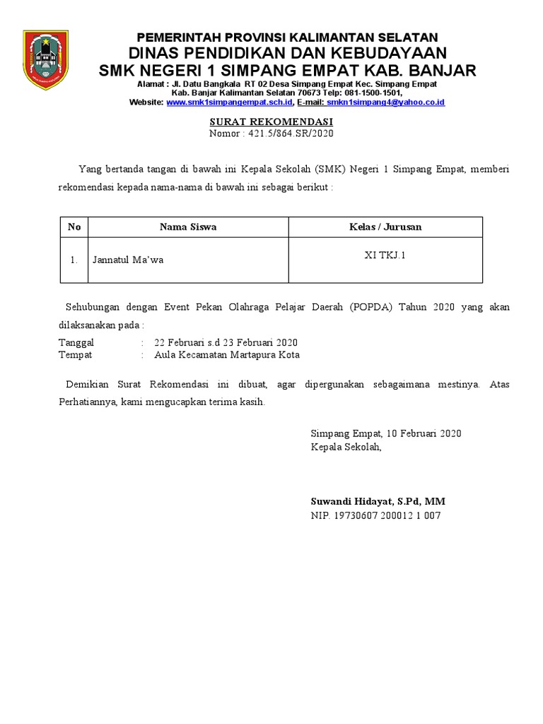 Surat Rekomendasi Popda Silat 2020 | PDF