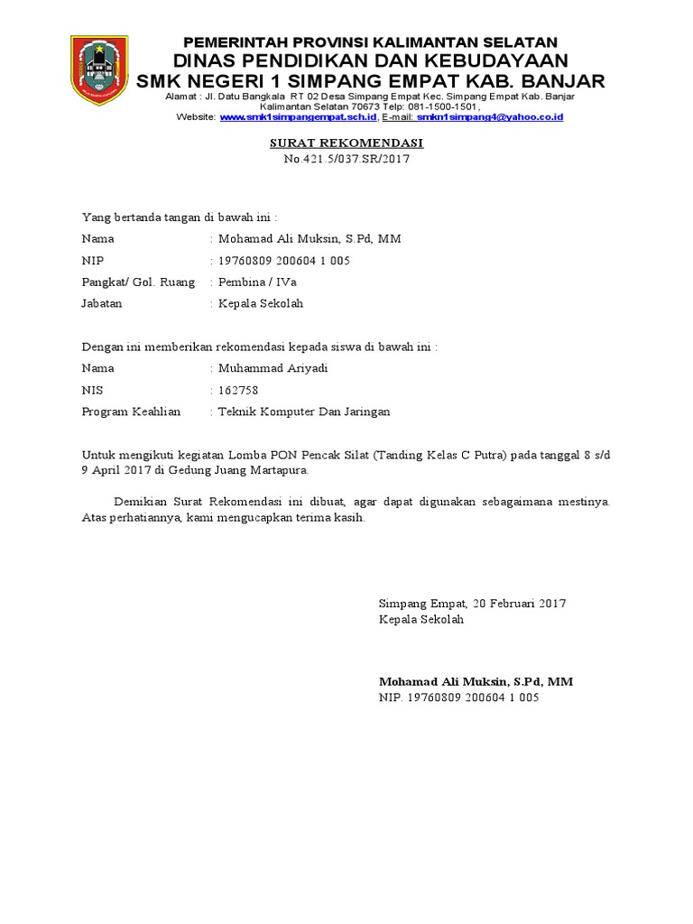 Surat Rekomendasi Popda 2020 | PDF