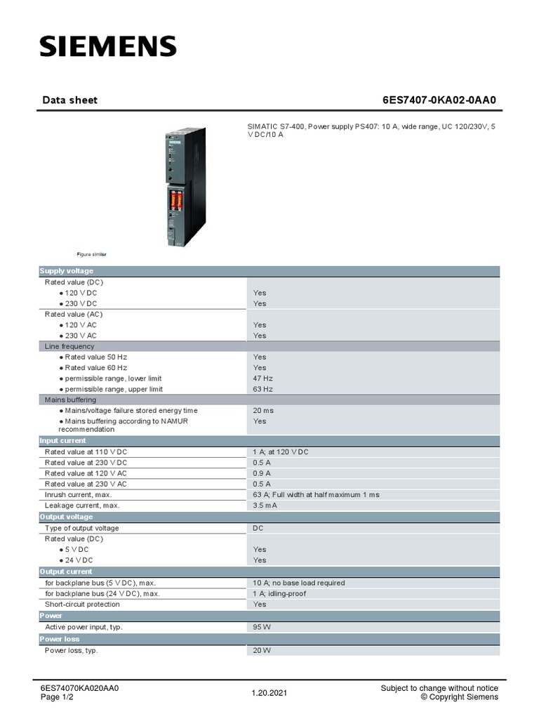 Data Sheet 6ES7407-0KA02-0AA0: Supply Voltage | PDF