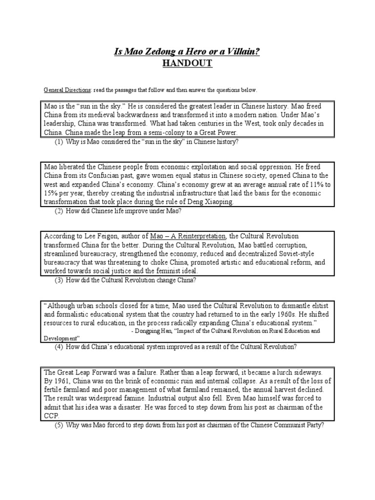 Is Mao Zedong A Hero or A Villain?: Handout | PDF | Cultural Revolution ...