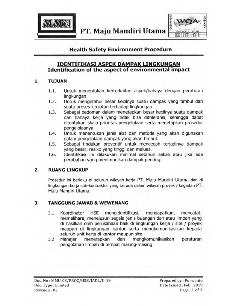 MMU 03 PROC HSE IADL II 19 Prosedur Identifikasi Aspek Dampak ...