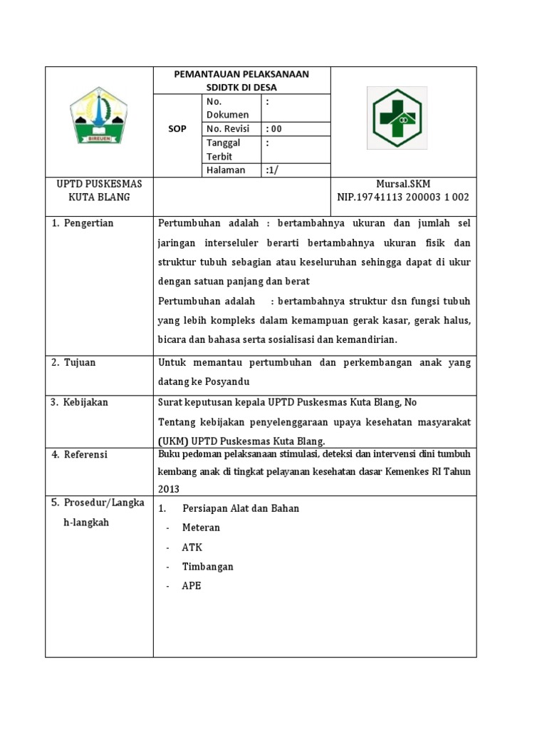SOP Pemantauan SDIDTK Di Desa | PDF