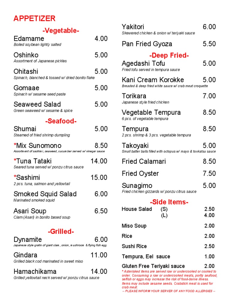 Tanaka Restaurant Menu | PDF | Sushi | Mayonnaise