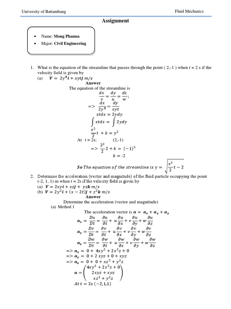 Assignment Fluid Mechanics | PDF | Acceleration | Continuum Mechanics Assignment Fluid Mechanics | PDF | Acceleration | Continuum Mechanics