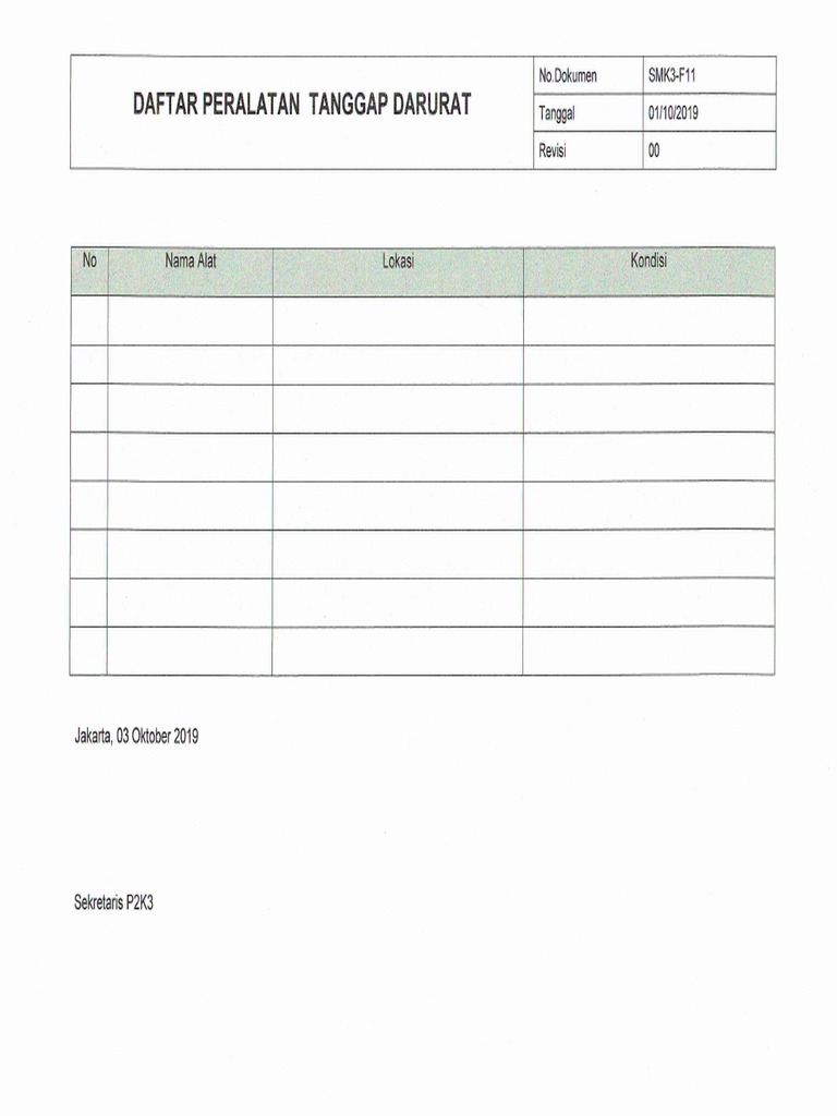 SMK3-F11 Form Daftar Peralatan Tanggap Darurat | PDF