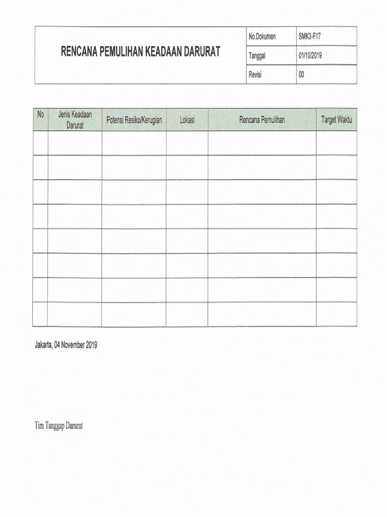 SMK3-F17 Form Rencana Pemulihan Keadaan Darurat | PDF