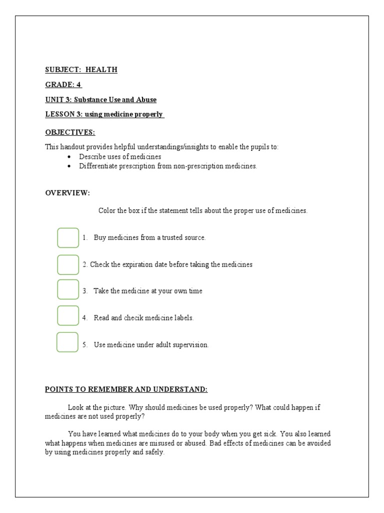 Subject: Health Grade: 4 UNIT 3: Substance Use and Abuse LESSON 3 ...