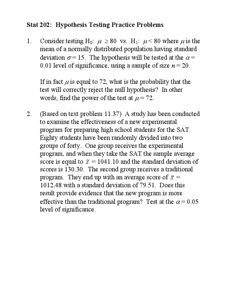 Stat 202: Hypothesis Testing Practice Problems | PDF | Statistical ...