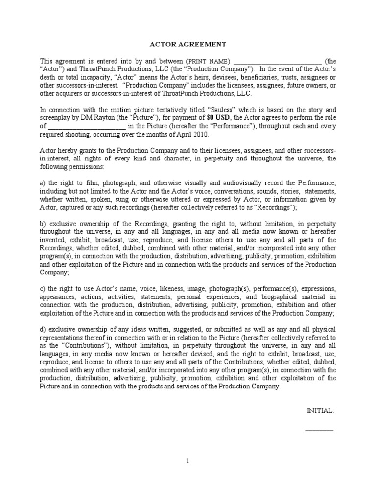 Actor Agreement | PDF | Filmmaking | Actor