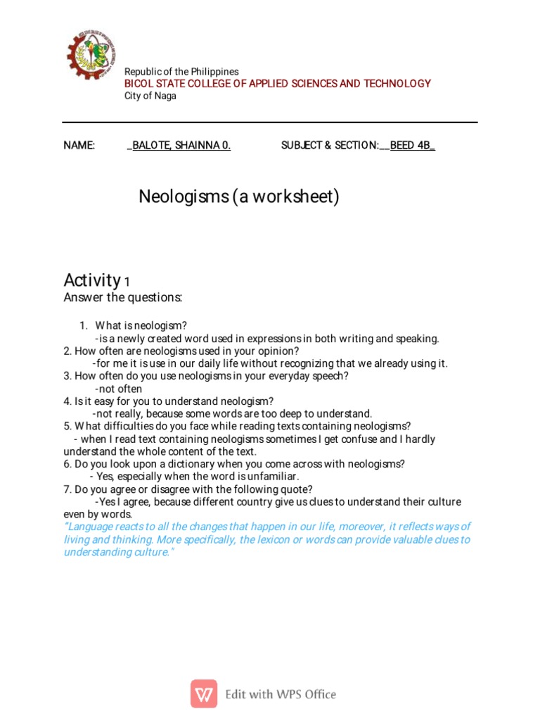 Neologisms A Worksheet | PDF