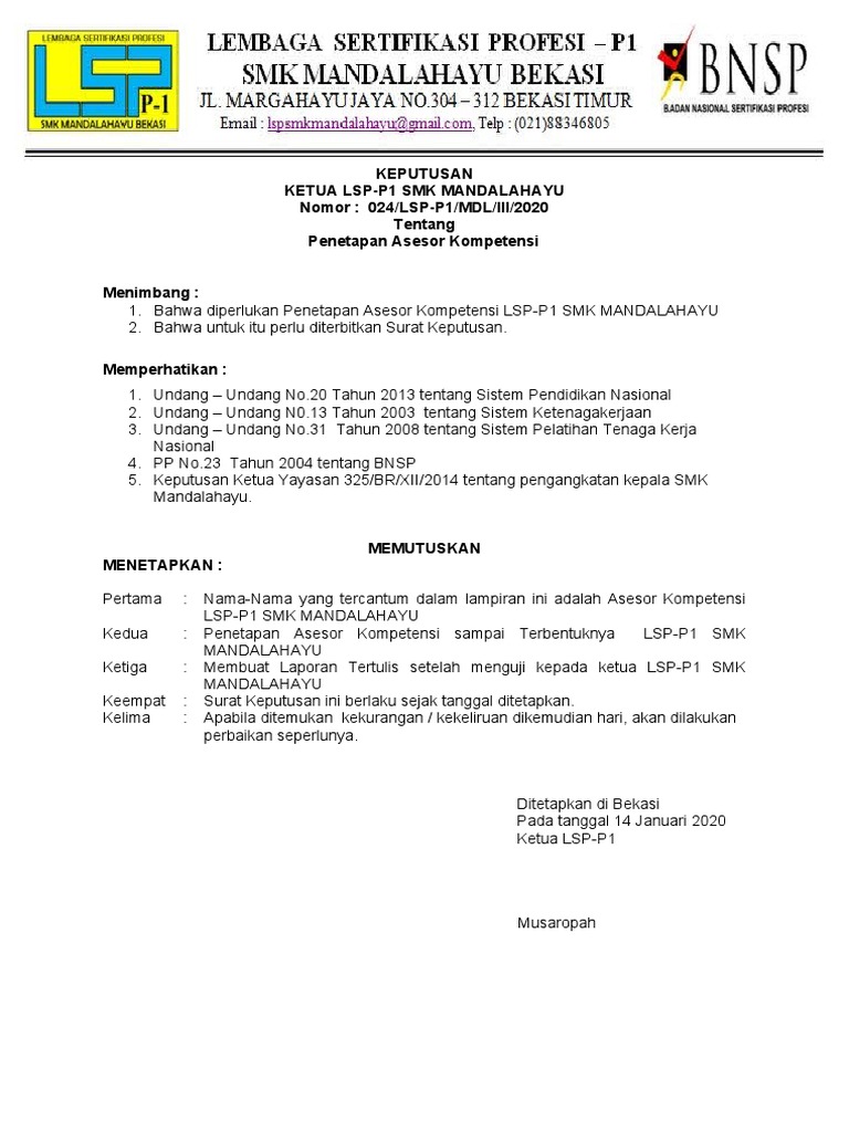 SK Penetapan Asesor - RPL | PDF