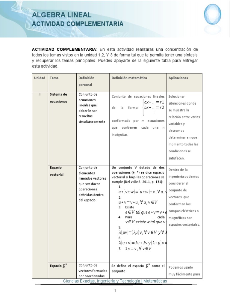 Actividad Complementaria | PDF | Espacio vectorial | Base (álgebra lineal)