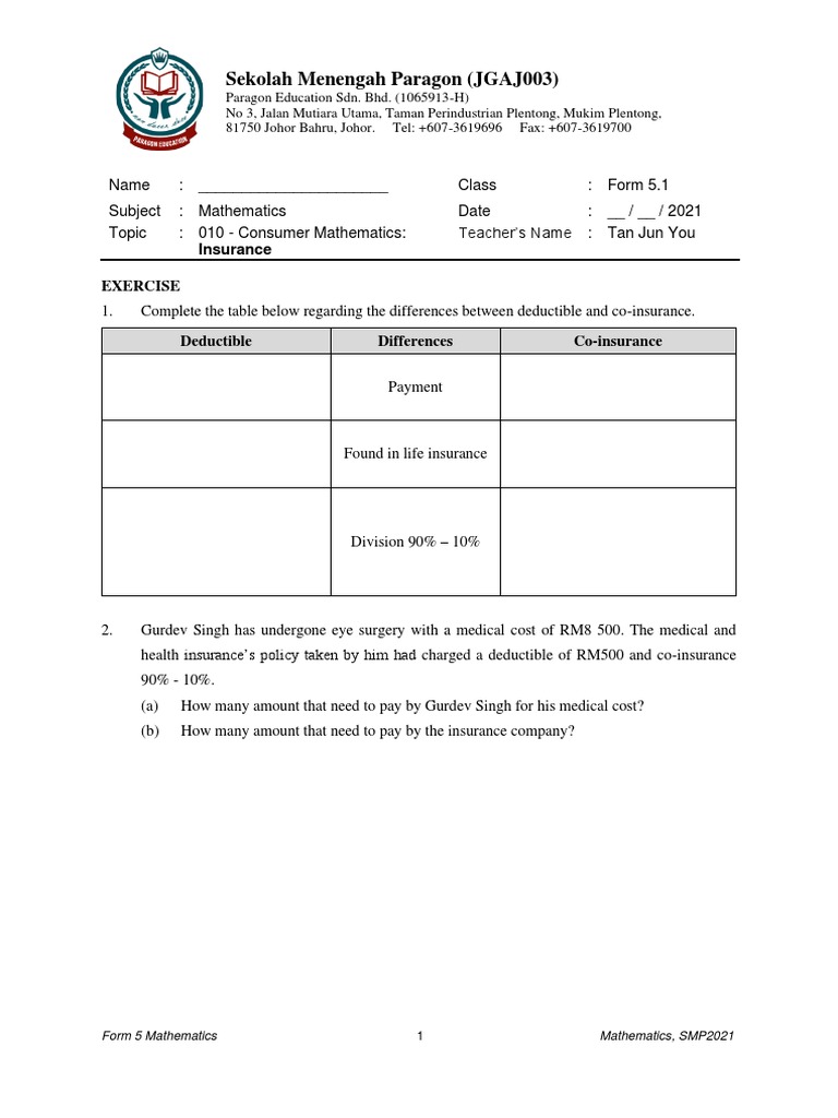 M010-Consumer Mathematics (Insurance) | PDF | Deductible | Life Insurance