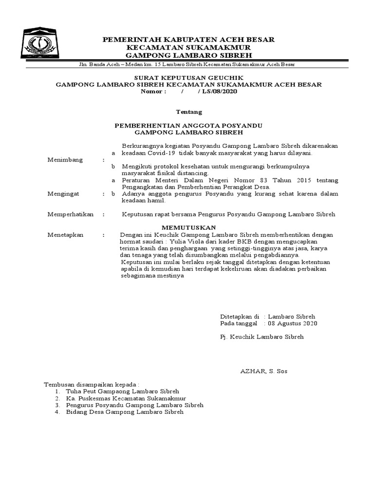 SK Pemberhentian Anggota Posyandu | PDF