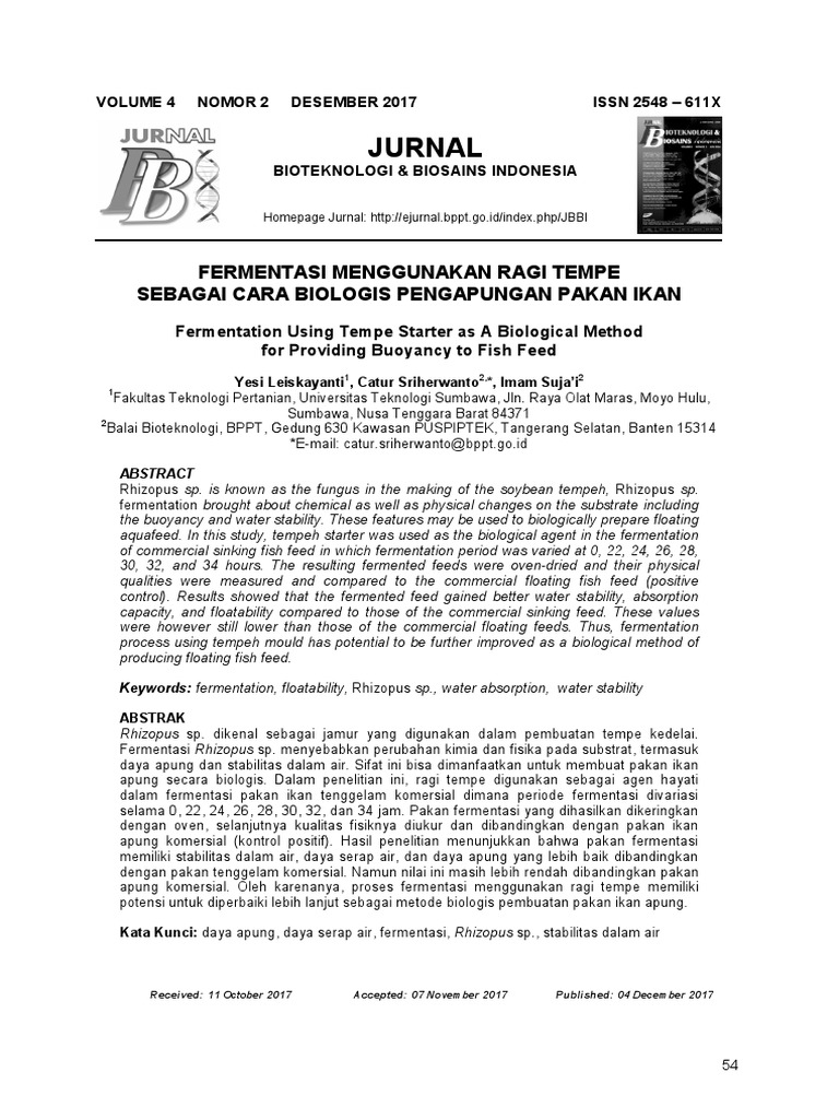 Jurnal: Fermentasi Menggunakan Ragi Tempe Sebagai Cara Biologis Pengapungan Pakan Ikan | PDF ...
