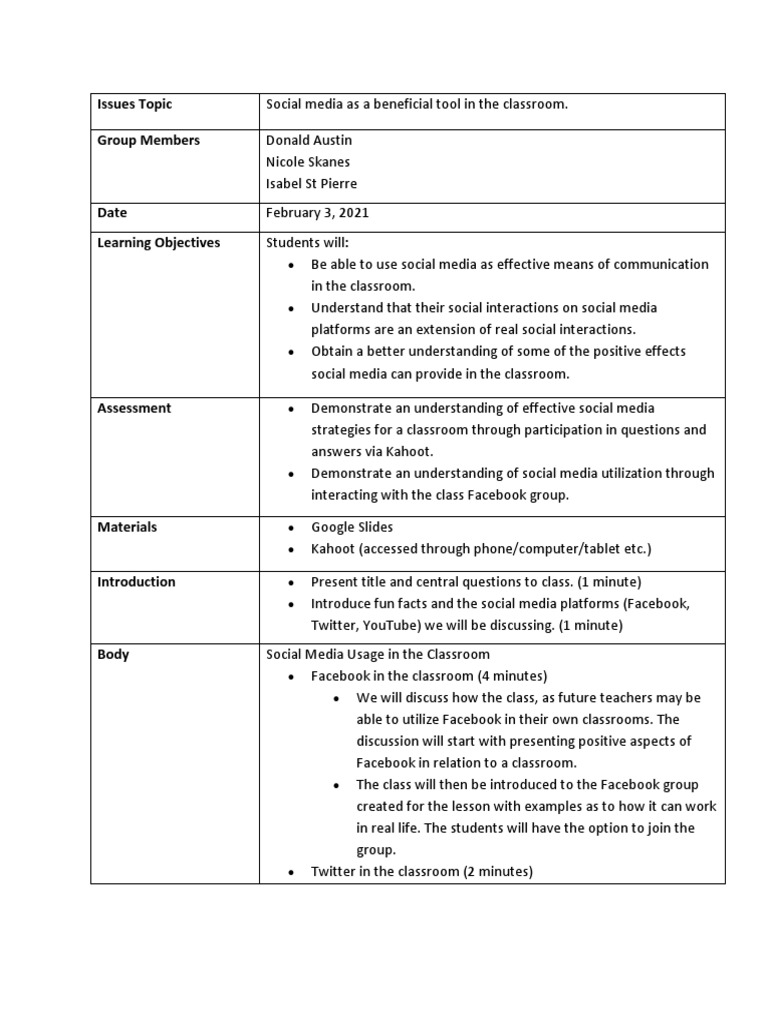 Microteach Lesson Plan - Group 1 | PDF | Social Media | Popular Culture ...