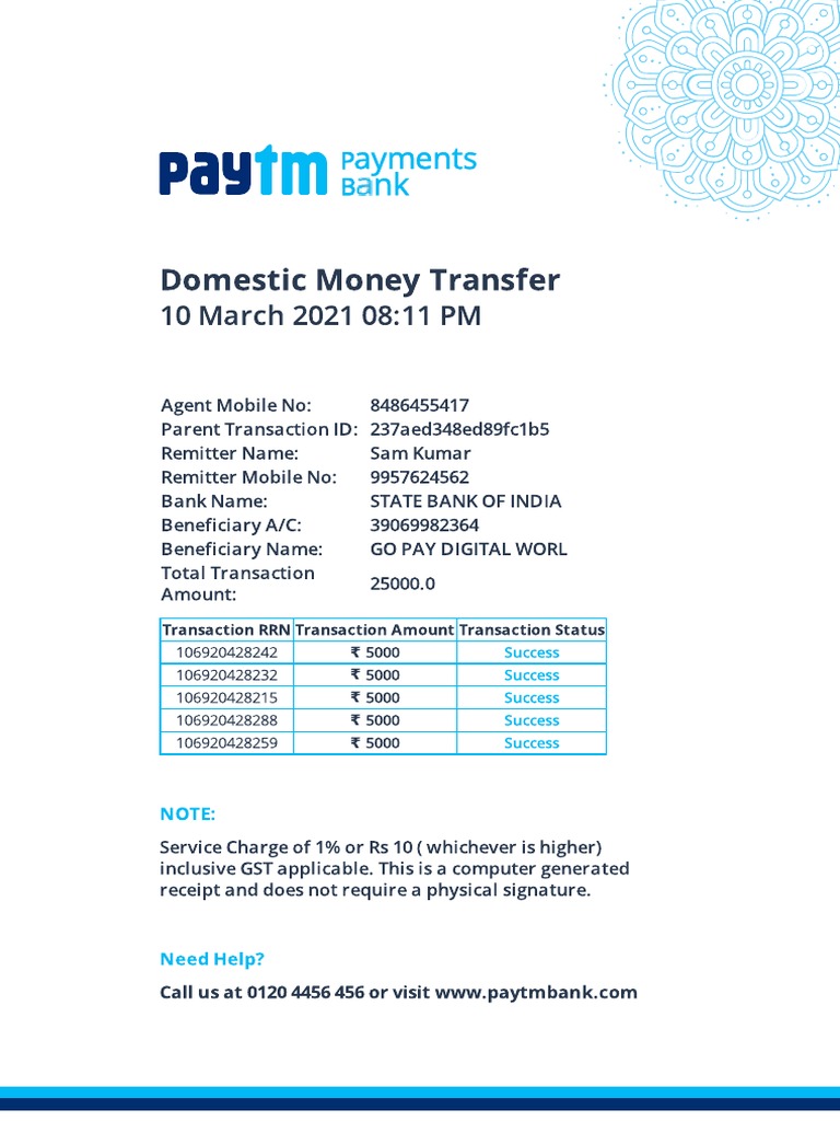 Money Transfer Receipt | PDF