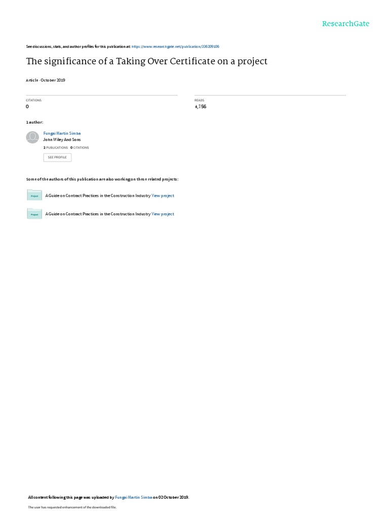 The Significance of A Taking Over Certificate On Aproject TOC | PDF ...