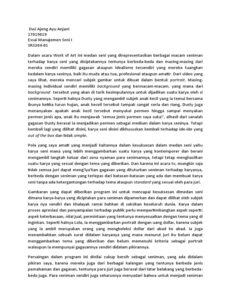 Essay - Dwi Ajeng Ayu Anjani - Manajemen Seni I | PDF