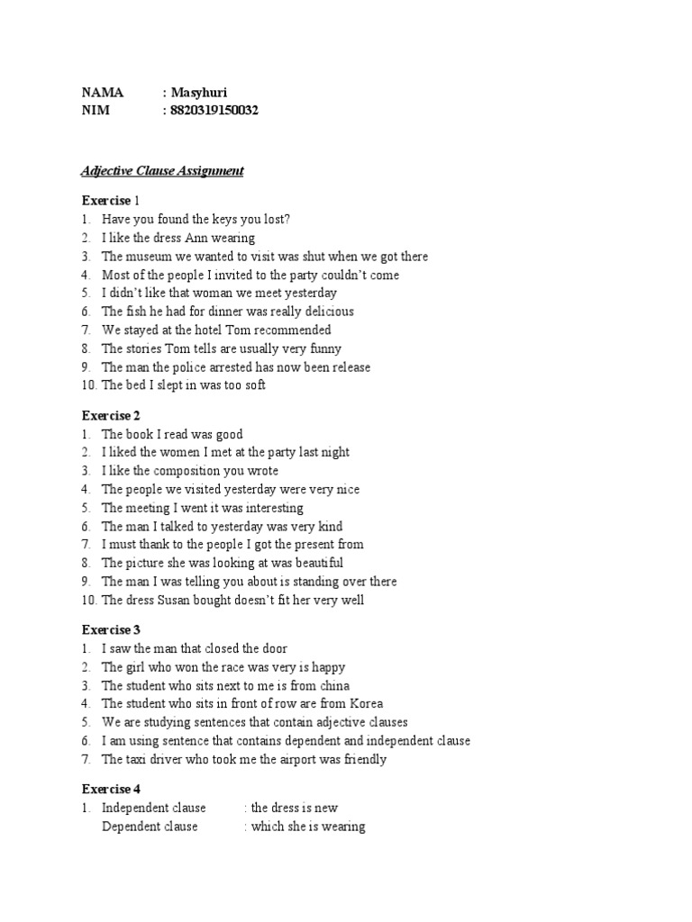 Adjective Clause Assignment: Nama: Masyhuri NIM: 8820319150032 | PDF | Language Arts ...