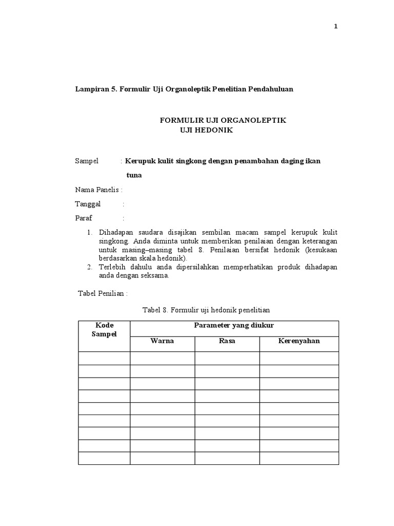Organoleptic Testing Form for Preliminary Research on Kerupuk Kulit ...
