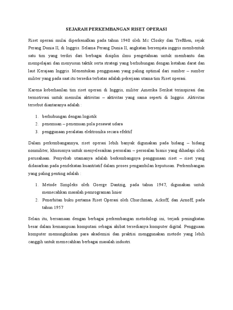 Sejarah Perkembangan Riset Operasi | PDF