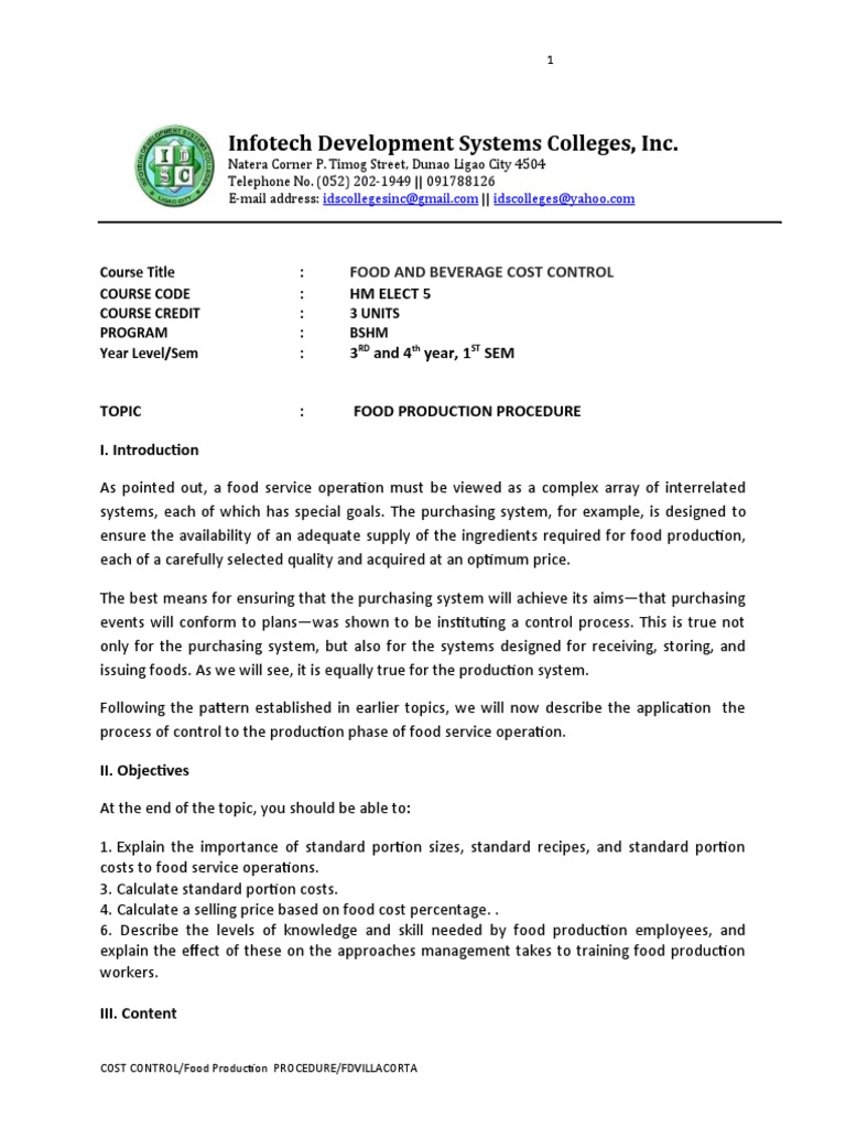 COST CONTROL FOOD PRODCUTION CONTROL Module | PDF | Menu | Cost Accounting