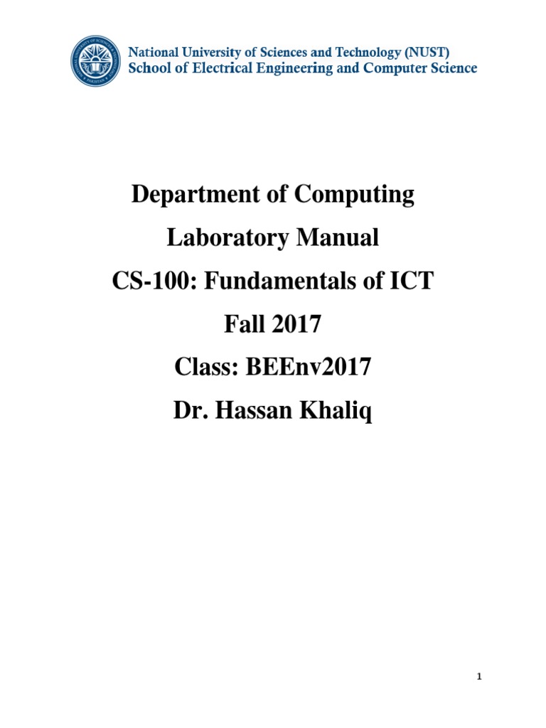 Department of Computing Laboratory Manual Cs-100: Fundamentals of Ict ...