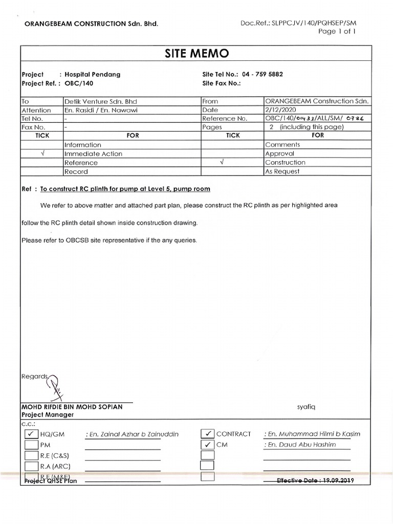 SITE MEMO-To Construct RC Plinth For Pump at Level 5, Pump Room | PDF