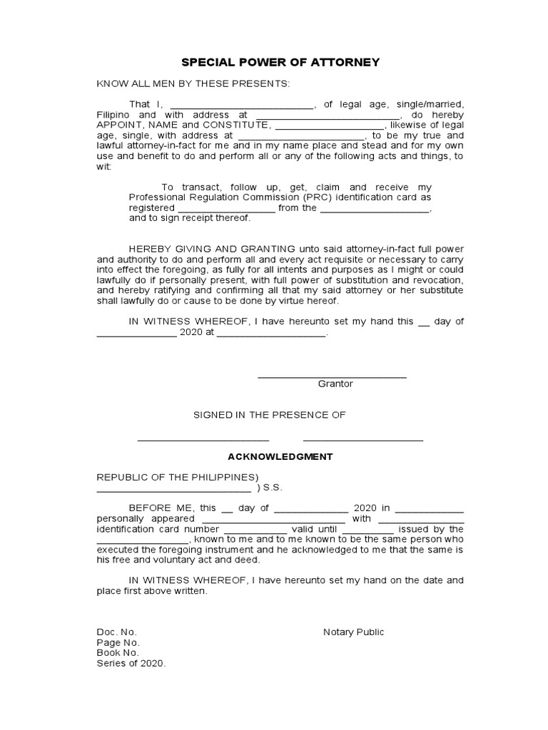 Special Power of Attorney To GET PRC ID | PDF