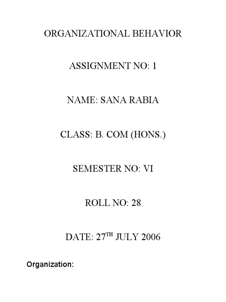 Organizational Behavior Assignment No: 1: Organization | PDF ...