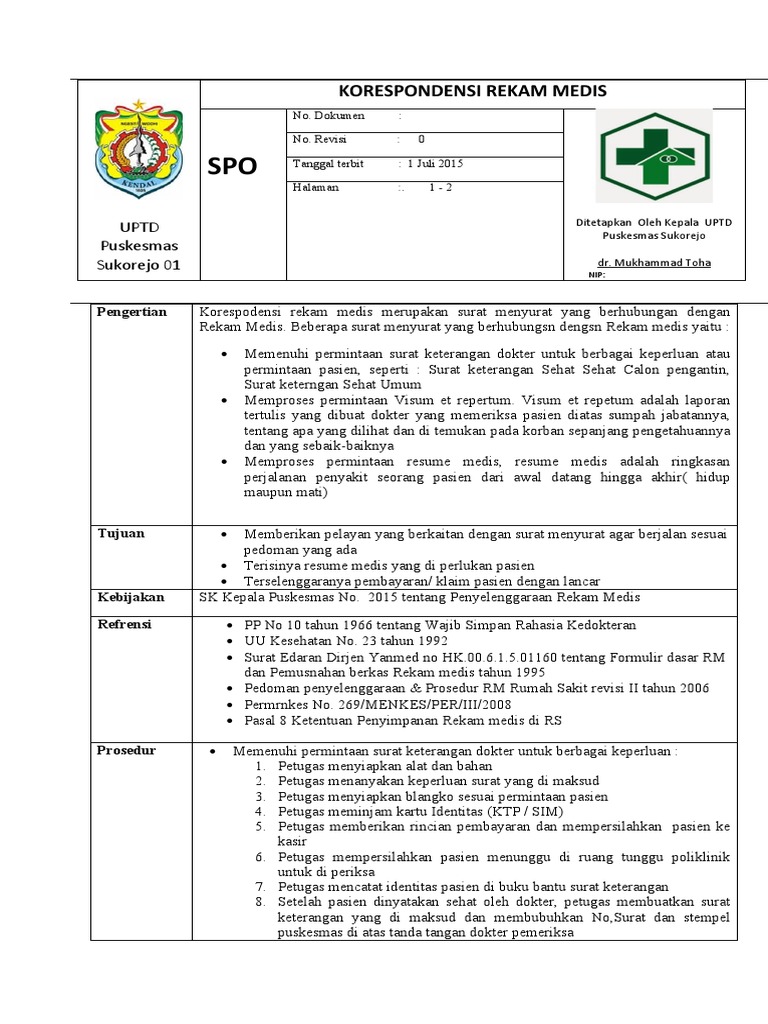 SPO Korespondensi Rekam Medis | PDF